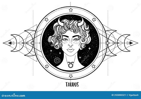 Illustration Of Taurus Astrology Sign As A Beautiful Girl Over Sacred