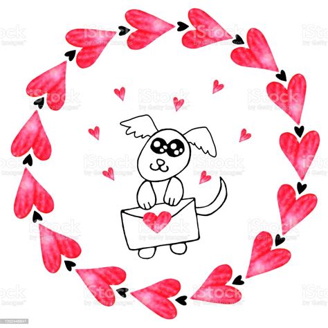 러브 레터 빨간 하트와 간단한 귀여운 윤곽 개 낙서 인사말 카드 발렌타인 데이 생일 색칠 공부 엽서 인쇄 로고 배지 문구 웹에 대한 디자인 요소 0명에 대한 스톡 벡터 아트