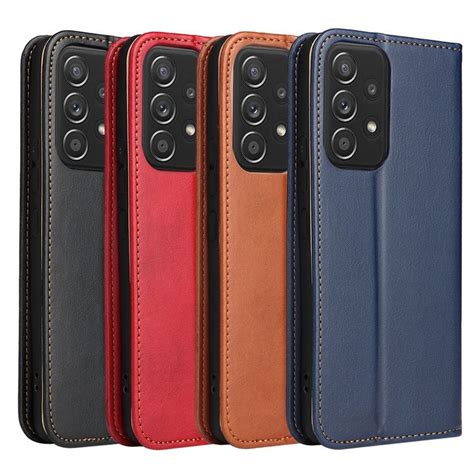 Pu Fierre Shann 真皮紋 Samsung A33 5g 64吋 錢包支架款 磁吸側掀 手工皮套保護殼 紅色