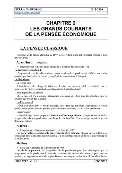 chapitre 2 les grands courants de la pensée économique
