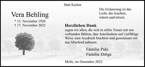 Traueranzeigen Von Vera Behling Noz Trauerportal