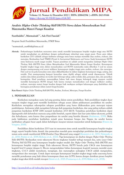 PDF Analisis Higher Order Thinking Skill HOTS Siswa Dalam Menyelesaikan Soal Matematika