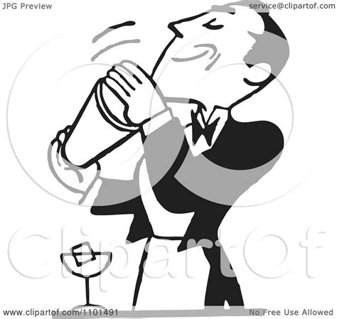 Clipart Retro Black And White Bartender Mixing Drinks Royalty Free
