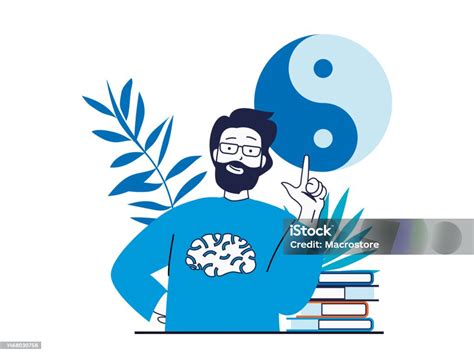 캐릭터 상황이 있는 정신 건강 개념 행복한 사람은 긍정적으로 생각하고 정신 건강과 조화를 돌보고 선 상징의 균형을 유지합니다