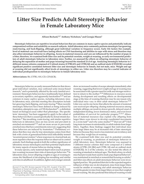 Pdf Litter Size Predicts Adult Stereotypic Behavior In Female