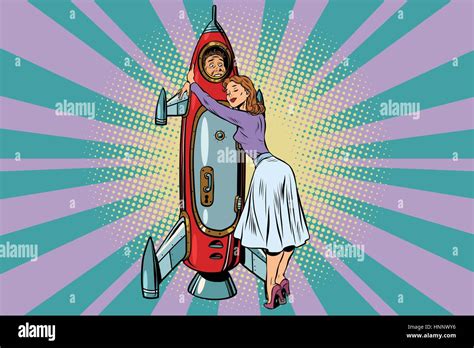 Wife Hugs Her Husband Astronaut In The Rocket Vintage Pop Art Retro