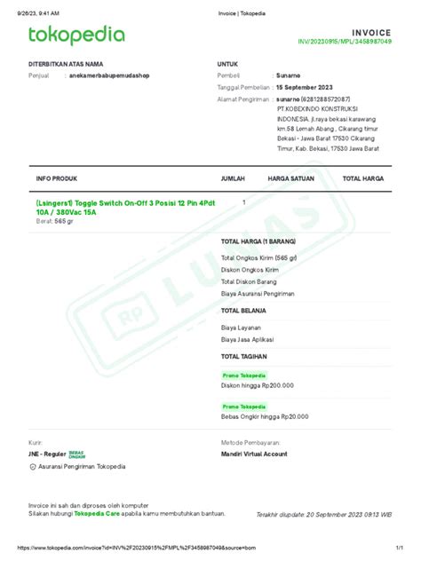Invoice Inv 20230915 Mpl 3458987049 Toggle Switch Tokopedia Pdf