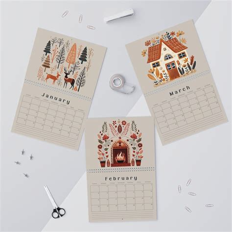 2026 Scandinavian Hygge Wall Calendar Folk Art Home Office Decor 12