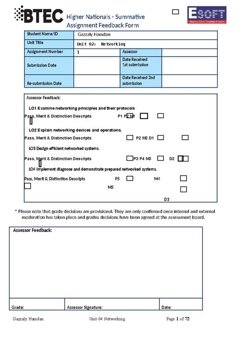 Unit 02 Networking Assignment 2024 Higher Nationals Summative Assignment Feedback Form