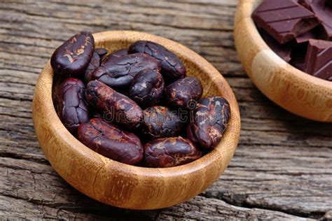 Cacao Beans With Dark Chocolate In A Bamboo Bowls Stock Image Image