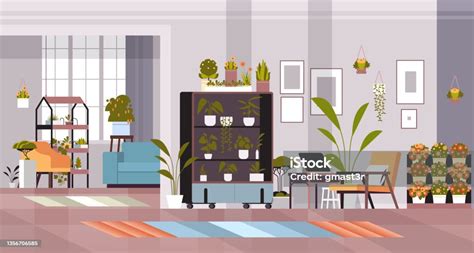 온실 식물 은 선반 홈 정원 개념 거실 내부 수평에 꽃을 화분 비닐하우스에 대한 스톡 벡터 아트 및 기타 이미지 비닐하우스 실내 0명 Istock