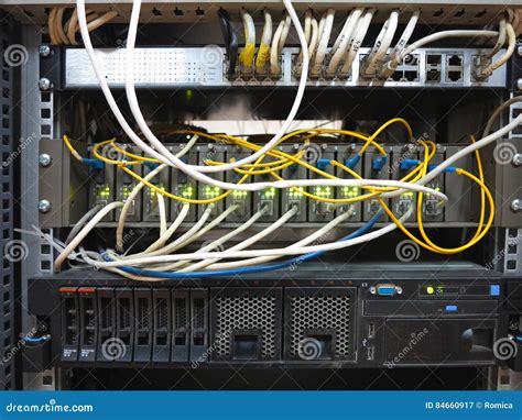 Server Rack With Internet Patch Cord Cables Connected To Panel Stock Image Image Of Broadband