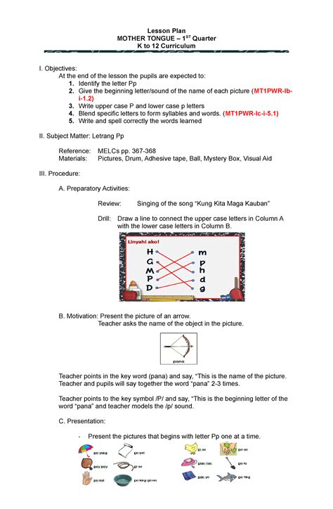 01 1q Lesson Plan In Mtb 1 Letrang Pp Lesson Plan Mother Tongue 1st