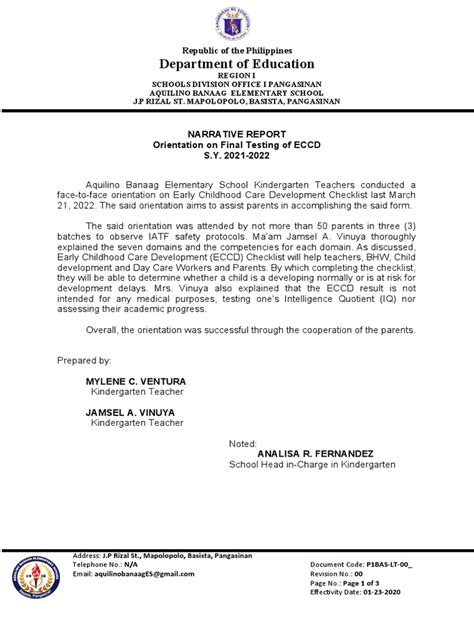 Eccd Narrative Report Pdf Learning