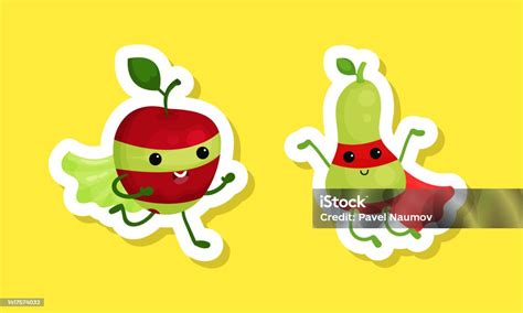 재미있는 과일 슈퍼 히어로 스티커 세트 마스크와 망토 만화 벡터 일러스트레이션의 재미있는 사과와 배 캐릭터 권위에 대한 스톡 벡터 아트 및 기타 이미지 Istock