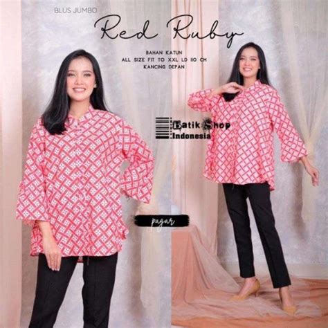 Promo Blus Red Ruby Jumbo Batik Merah Cerah Atasan Kerja Rapat Kantor