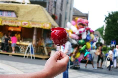 Sweet Candy Apple On County Fair Or Festival Red Candy Apple Covered