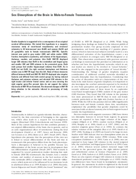 Pdf Sex Dimorphism Of The Brain In Male To Female Transsexuals