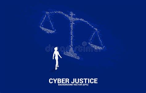 silhouette of businessman walking to justice scale from one and zero binary code digit matrix