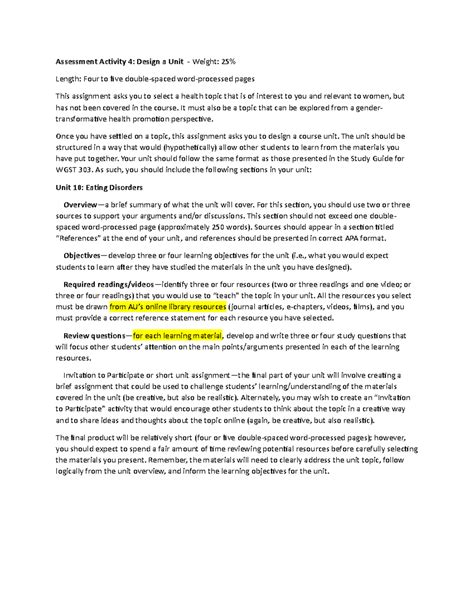 Wgst303 Assessment Activity 4 Assessment Activity 4 Design A Unit