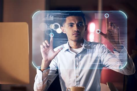 Premium Photo Futuristic Business And Touch Screen Hud Man With