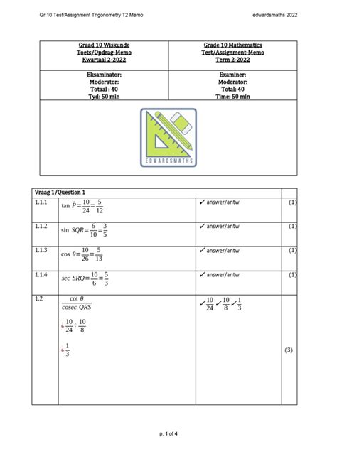 Gr 10 Edwardsmaths Test Or Assignment Trigonometry T2 2022 Memo Download Free Pdf