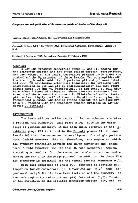Pdf Overproduction And Purification Of The Connector Protein Of Bacillus Subtilis Phage ø29