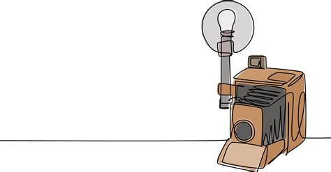 Single Continuous Line Drawing Of Old Retro Analog Camera Medium Format With Blitz Flash Light