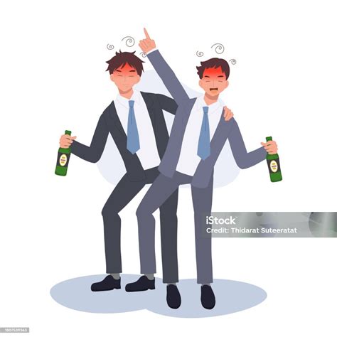 맥주병을 들고 있는 두 명의 술취한 사업가 회사 생활에서의 알코올 중독 개념 2명에 대한 스톡 벡터 아트 및 기타 이미지 2