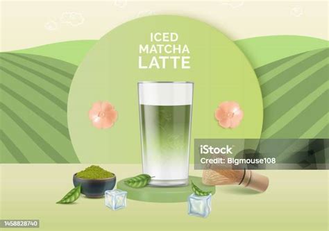 현실적인 상세한 3d 아이스 말차 라떼 광고 배너 개념 포스터 카드 벡터 전단지에 대한 스톡 벡터 아트 및 기타 이미지 전단지 라떼 마카차 Istock