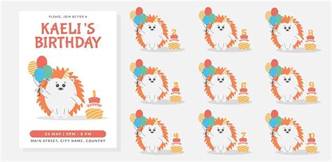 아이들을위한 인사말 및 초대장 생일 파티 귀여운 아기 고슴도치 풍선 평평한 어린이 스타일의 숫자가있는 케이크 벡터 일러스트 레이 션 카드 포스터 디자인 포스터 0명에 대한