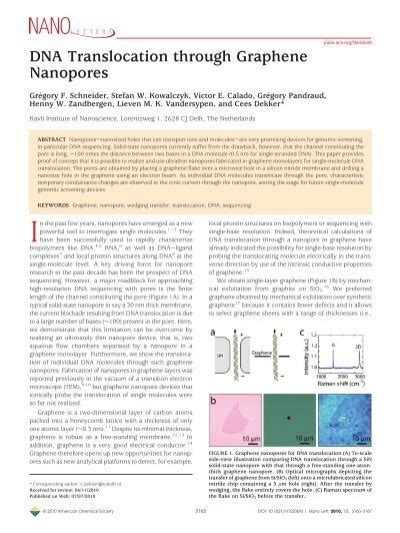 Dna Translocation Through Graphene Nanopores Cees Dekker Lab