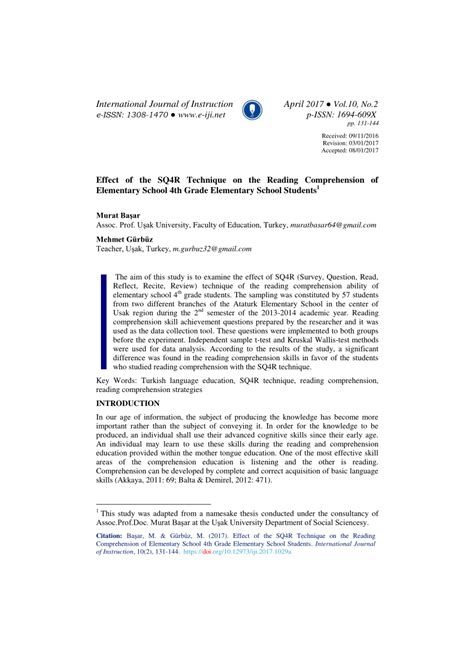 Pdf Effect Of The Sq4r Technique On The Reading Comprehension Of Elementary School 4th Grade