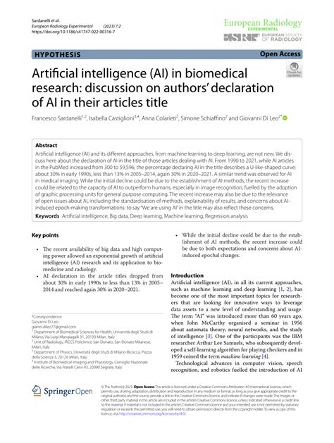 Pdf Artificial Intelligence Ai In Biomedical Research Discussion