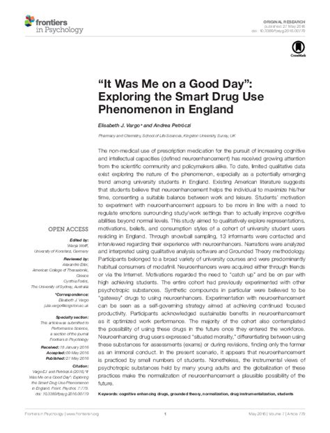 Pdf “it Was Me On A Good Day” Exploring The Smart Drug Use Phenomenon In England Elisabeth