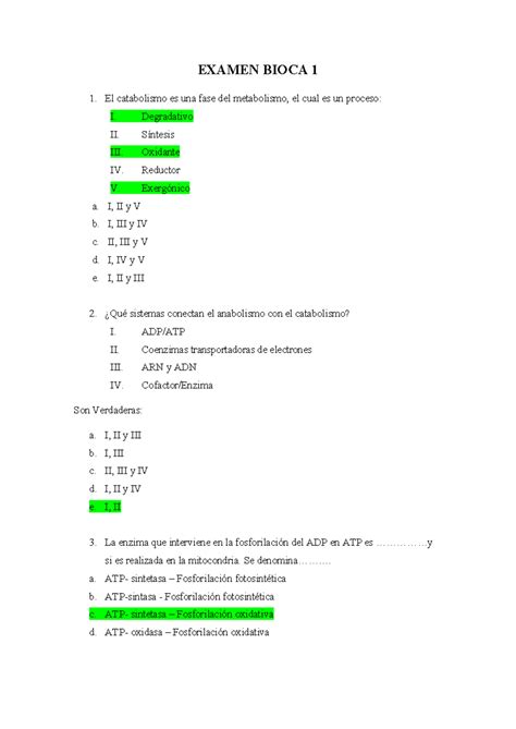 Examen Resuelto EXAMEN BIOCA 1 El Catabolismo Es Una Fase Del