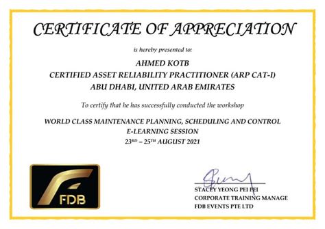 Certificate Of Appreciation For Conducting World Class Maintenance Planning Scheduling And