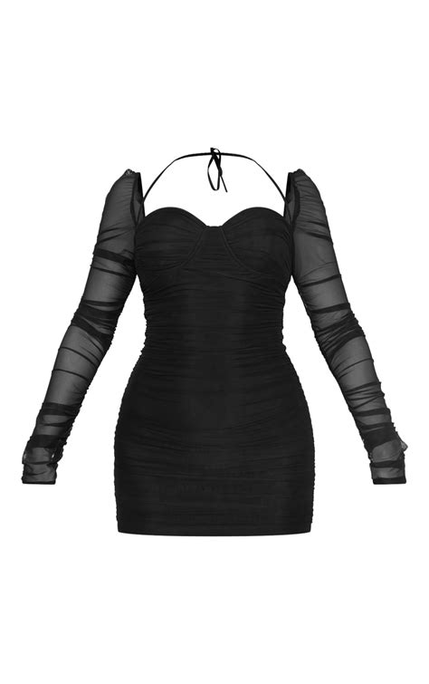 Black Mesh Ruched Long Sleeve Cup Mini Dress Dresses Prettylittlething