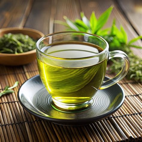 A Glass Cup Of Green Tea On A Bamboo Mat Generative Ai Premium Ai Generated Image