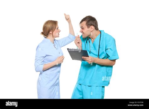 Isolated On White Doctor Swears Nurse He Screams And Beats Him Stock