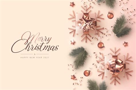 リアルな装飾が施されたメリークリスマスと新年のカード 無料のベクター