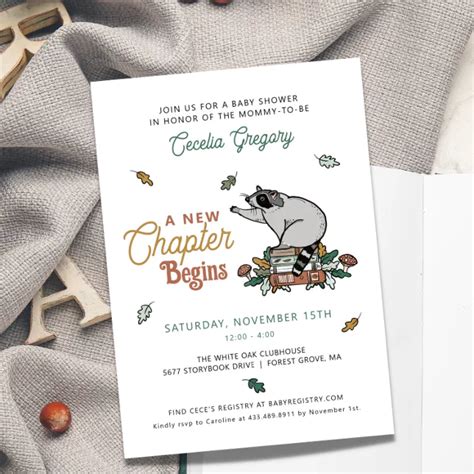 Woodland Raccoon New Chapter Begins Baby Shower Invitation Zazzle