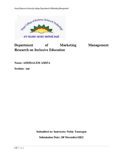 Addis Inclusive Good Assignment Department Of Marketing Management