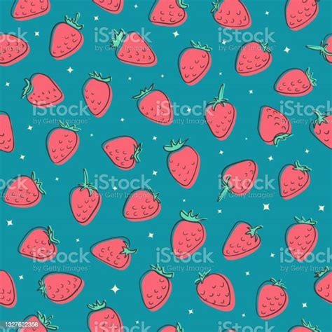 손으로 그린 딸기 원활한 벡터 패턴 파란색 배경에 검은 낙서 윤곽이있는 핑크 베리 0명에 대한 스톡 벡터 아트 및 기타 이미지 0명 건강한 식생활 과일 Istock