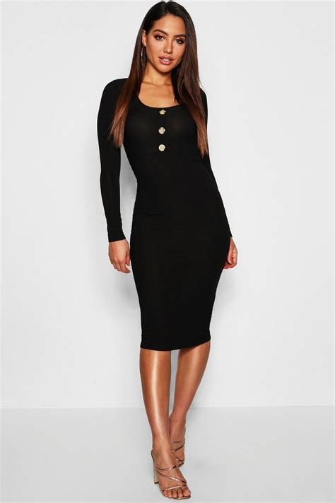 Ribbed Long Sleeve Bodycon Midi Dress With Buttons Boohoo Uk