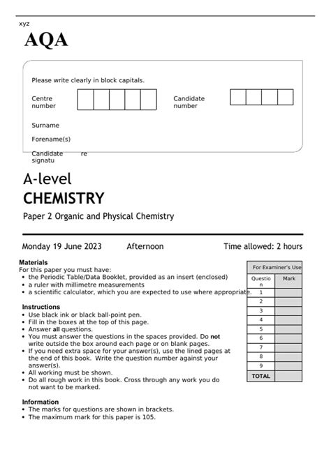 Aqa A Level Chemistry Paper 2 June 2023 Question Paper Organic And Physical Chemistry A Level