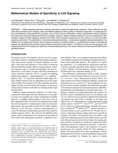 Mathematical Models Of Specificity In Cell Signaling