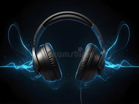 Abstract Glowing Black Music Headphones And Blue Sound Waves With Glow