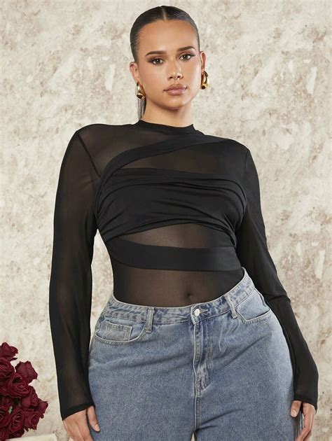 Shein Bae Plus Size Womens Sheer Long Sleeve Mesh Bodysuit With Stand