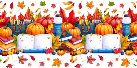 Colorful Autumn Classroom Setup With Fall Leaves Pumpkins And School